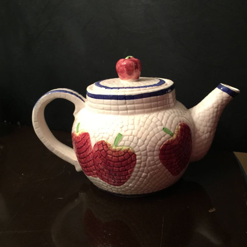 White Tea Pot With Red Apples Mosaic Style Blue and White - Etsy