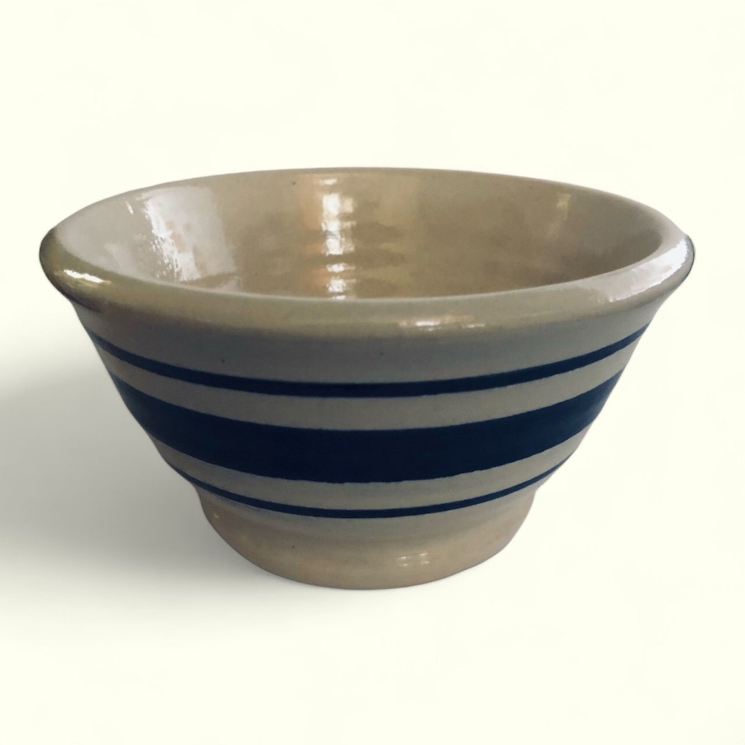 Hand Thrown Vintage Pottery Small Bowl With Blue Stripes Farmhouse ...