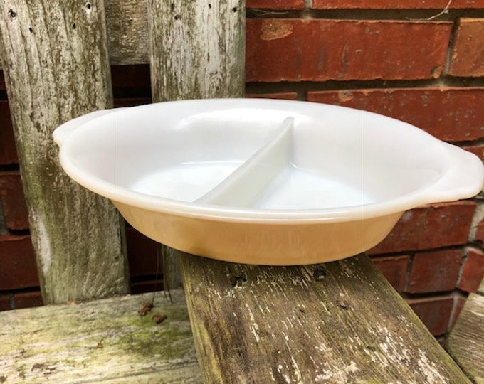 Fire King Peach Lusterware Divided Serving Baking Dish Vintage Kitchen ...
