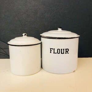 Vintage Farm Design White Metal Enamelware Flour Canister With Blank ...