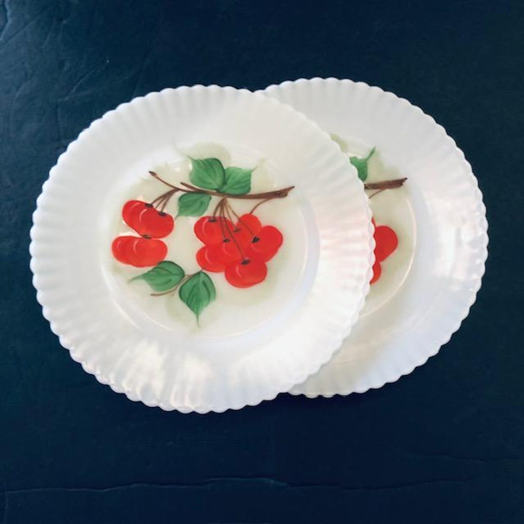 Set of 2 Vintage White Milk Glass Cherry Themed Plates Cherries Hand ...