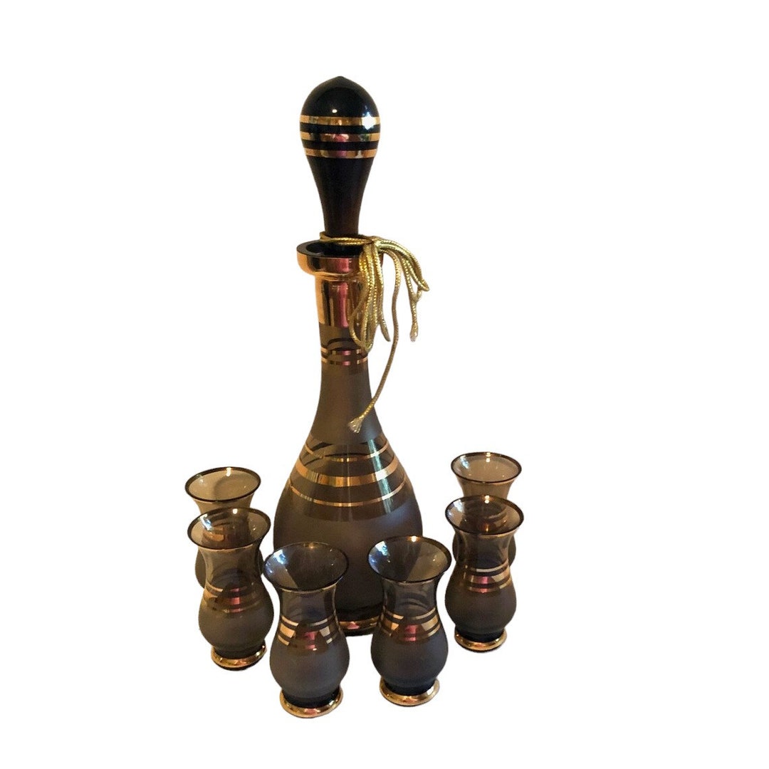 Vintage Mid Century Smokey Glass Gold Cordial Liqour Liquer Carafe ...