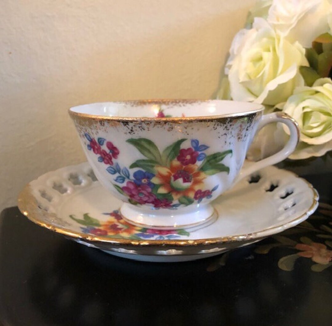 Vintage Floral Tea Cup and Saucer Set Free Shipping Swirl White ...