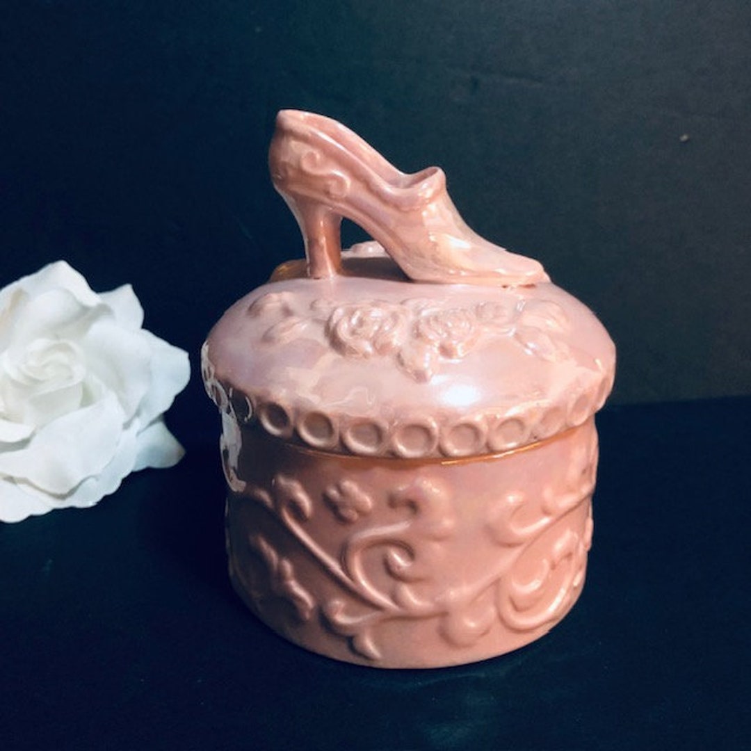 Vintage Pink Princess Cinderella Shoe Porcelain Covered Trinket Box ...