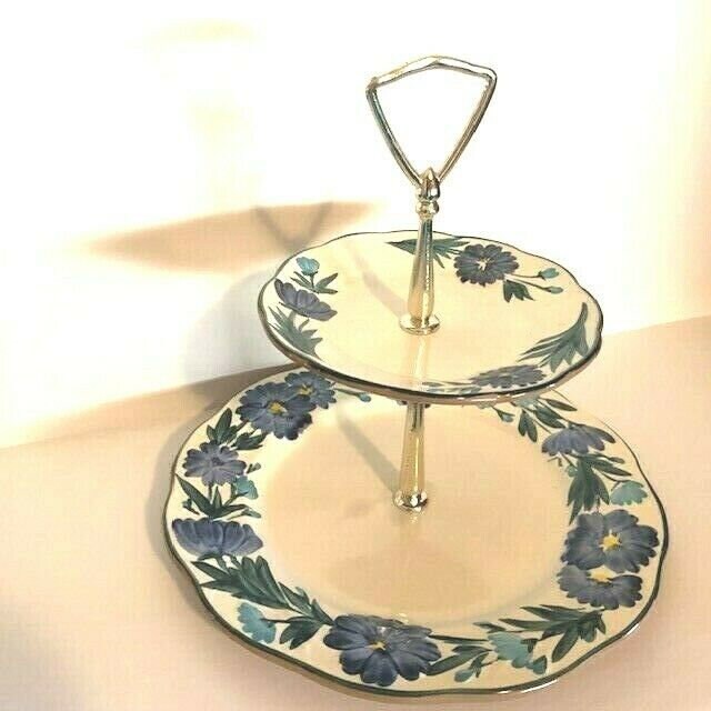 Stangl Pottery Blue Flowers Floral Two Tier Tidbit Tray Tiered USA Hand ...