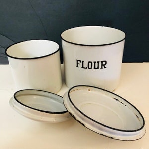 Vintage Farm Design White Metal Enamelware Flour Canister With Blank ...