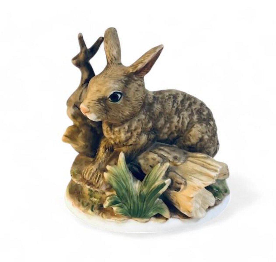 Homco Porcelain Bunny Rabbit Figurine on Log Woodland Animal Easter ...