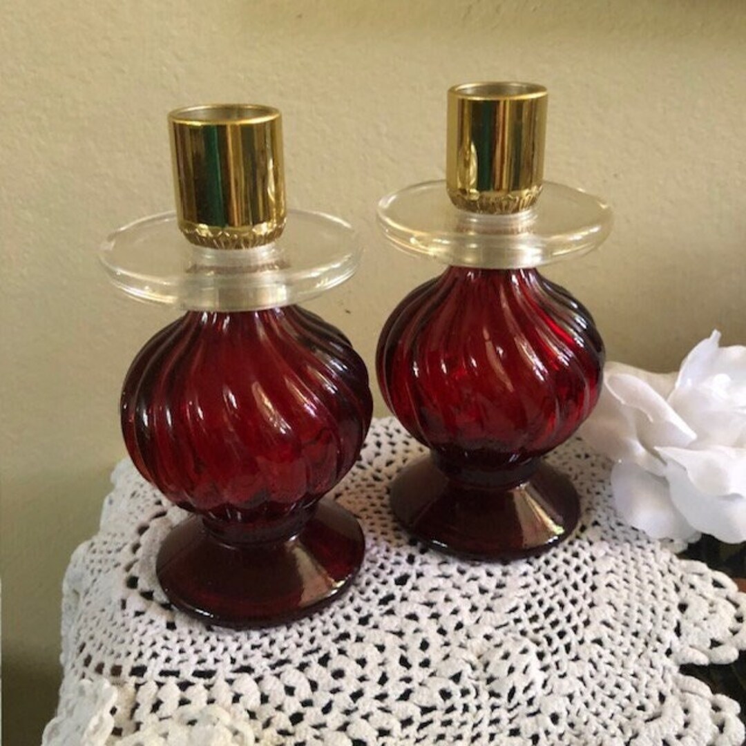 Empty Pair Vintage Avon Royal Ruby Red Swirled Glass Candlesticks Holders Free Shipping Brocade ...