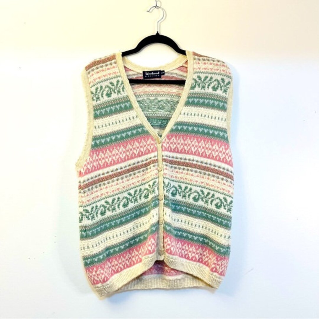 Vintage Pink and Green Knit Button up Vest - Etsy