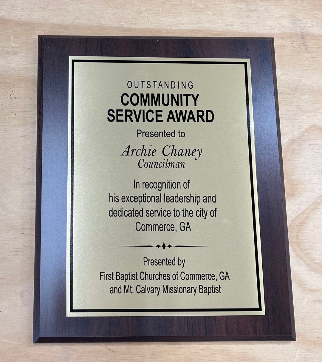 Community Service Award, Service Plaque, Custom Award Plaque, Gold With ...