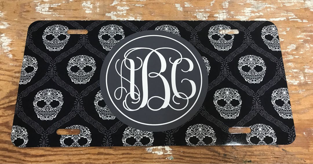 Skull License Plate, Skull Car Tag, Personalized Momogram, Black and ...