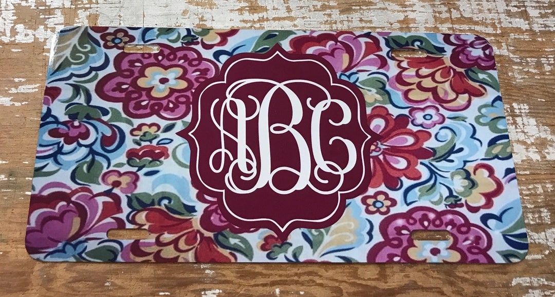 Pink Floral Monogram License Plate, Personalized Car Tag, Blue, Pink ...