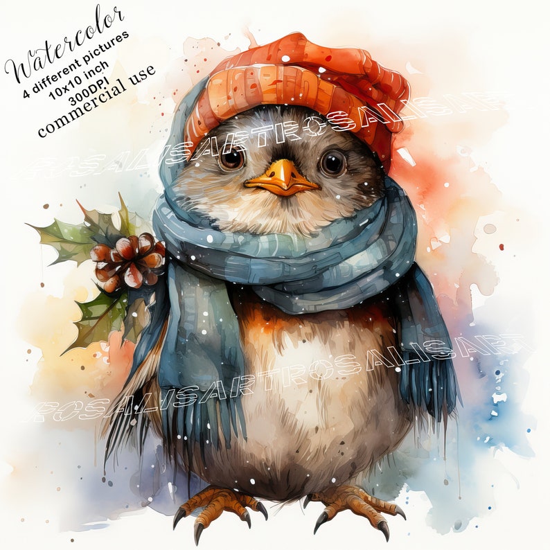 Whimsical Christmas Bird 4 High Quality Watercolor Jpgs Clipart Digital ...