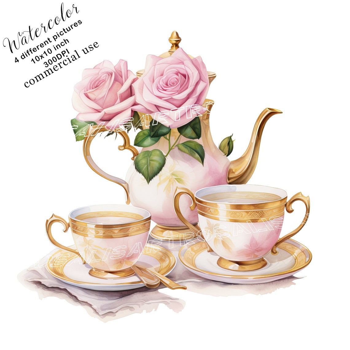 Vintage Tea Set With Roses 4 High Quality Watercolor Jpgs Clipart ...