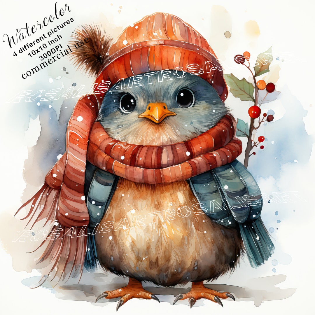 Whimsical Christmas Bird 4 High Quality Watercolor Jpgs Clipart Digital ...