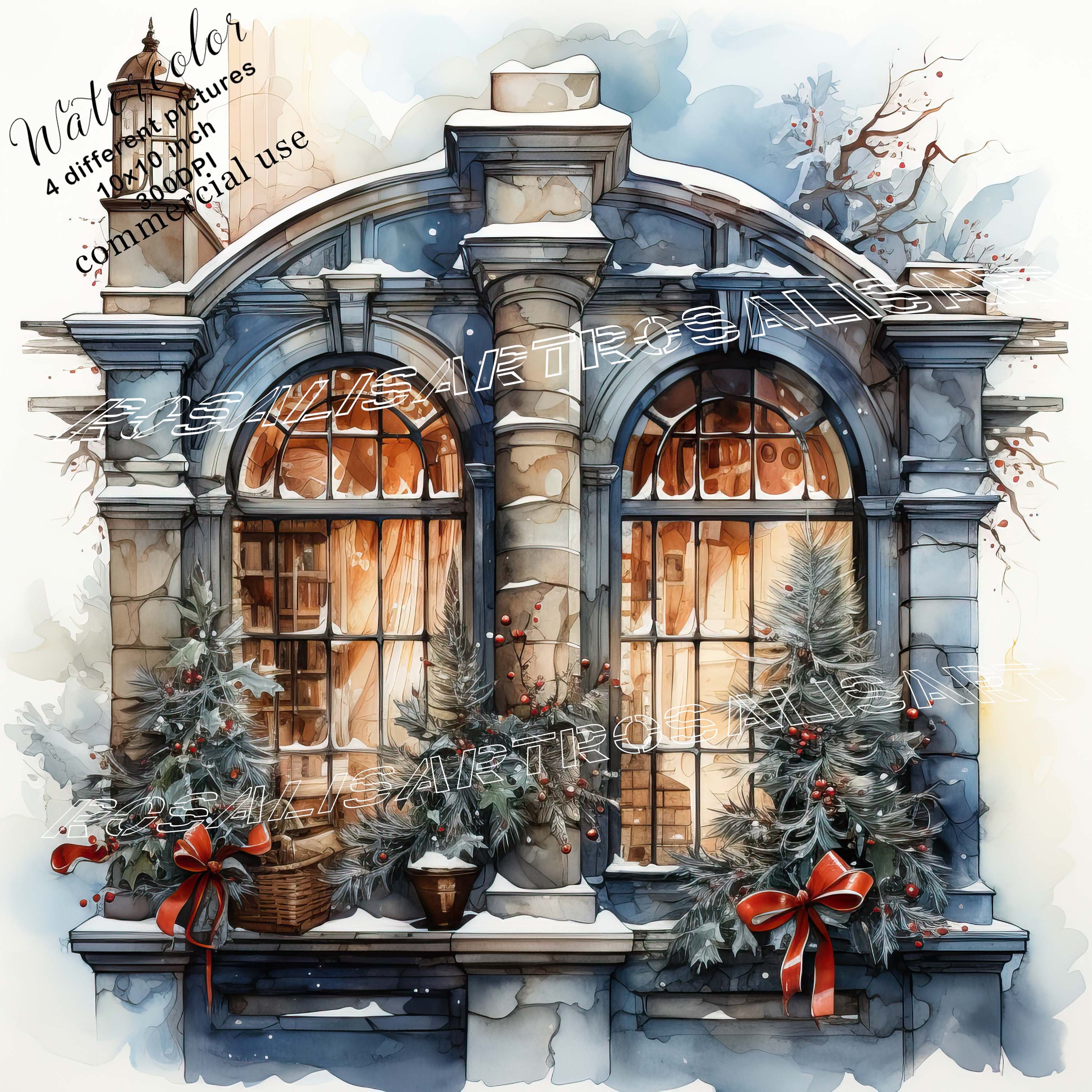 Christmas Window Digital Download 4 High Quality Watercolor Jpgs ...