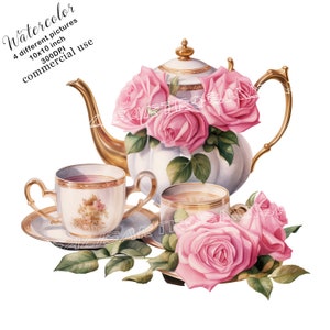 Vintage Tea Set With Roses 4 High Quality Watercolor Jpgs Clipart ...