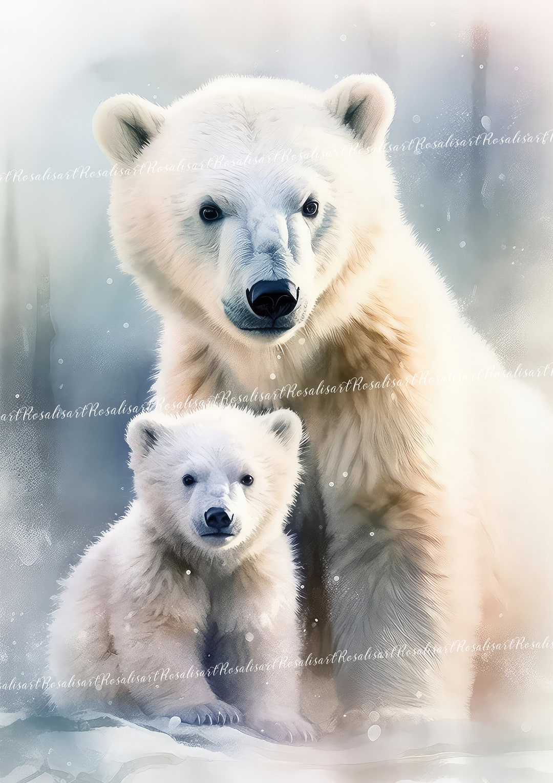 Cub Polar Bear With Mom Watercolor Print Digital Download Animal Art ...