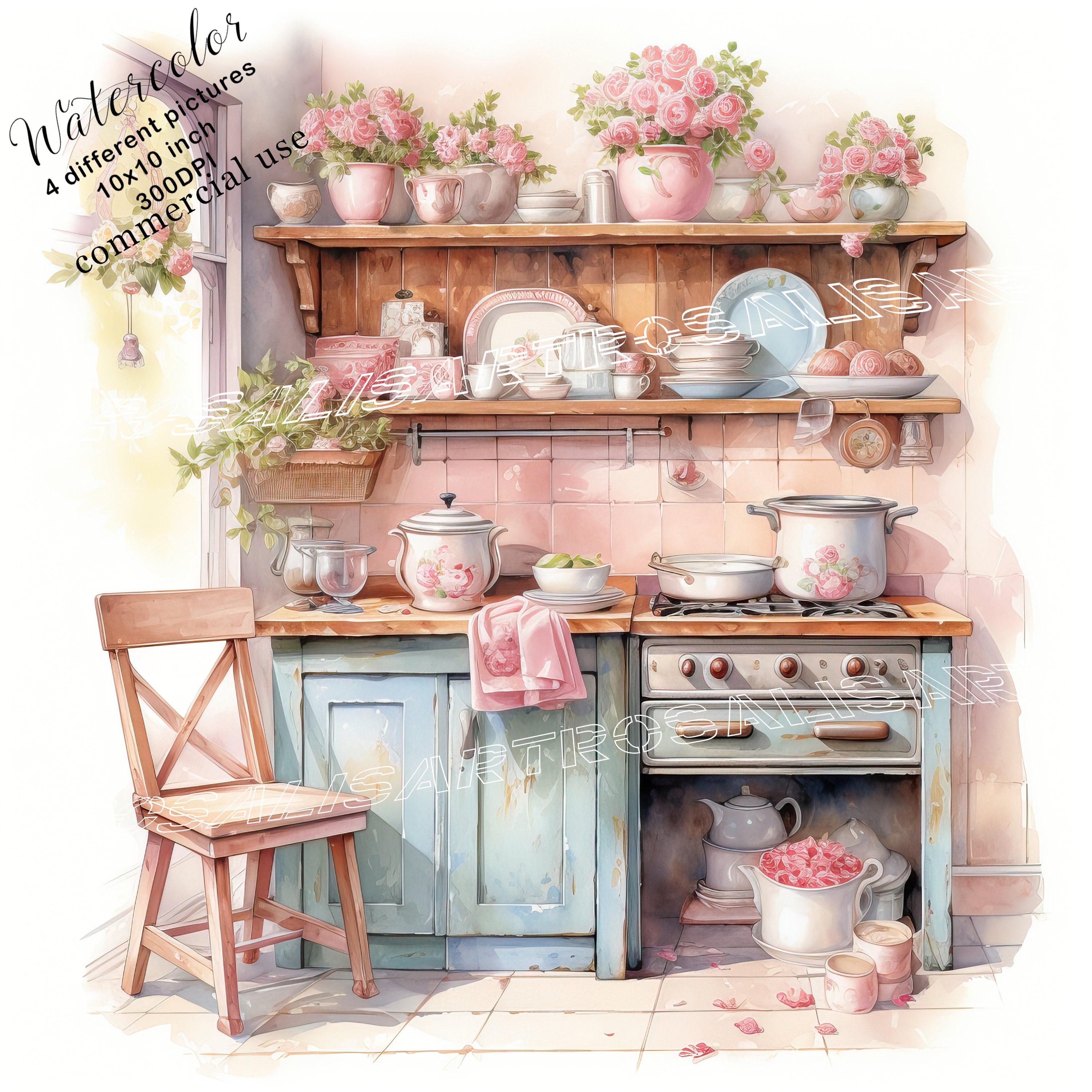 Princess' Kitchen 4 High Quality Watercolor Jpgs Soft Pink Digital ...
