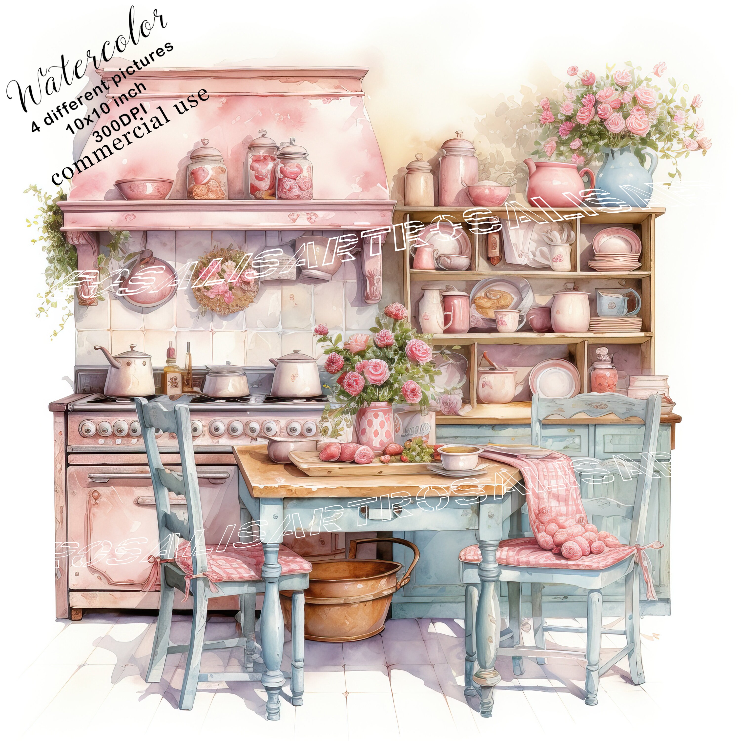 Princess' Kitchen 4 High Quality Watercolor Jpgs Soft Pink Digital ...