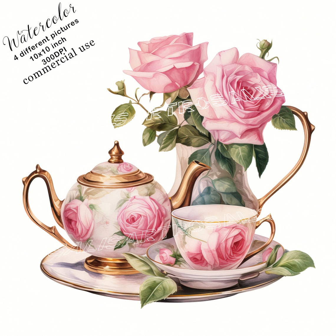 Vintage Tea Set With Roses 4 High Quality Watercolor Jpgs Clipart ...