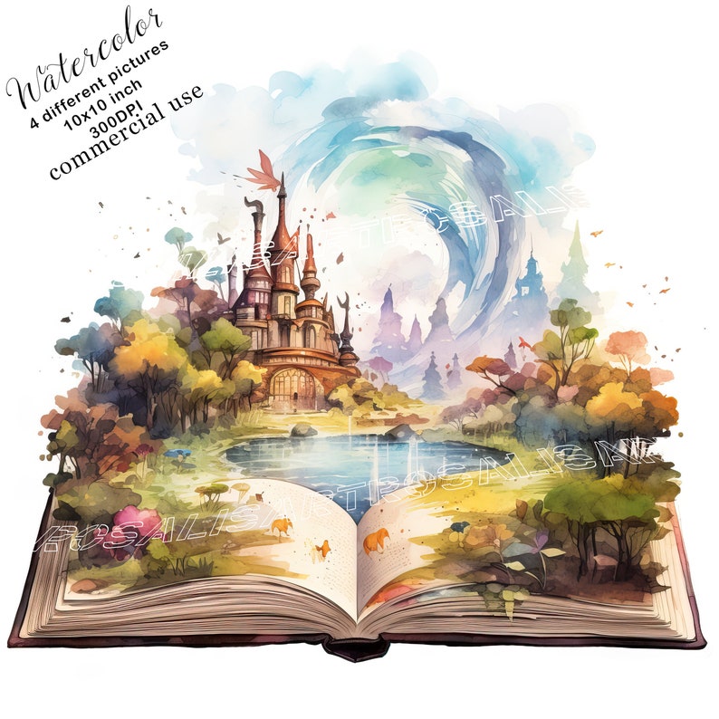 Open Book With a Fairytale Land 4 High Quality Watercolor Jpgs Clipart ...