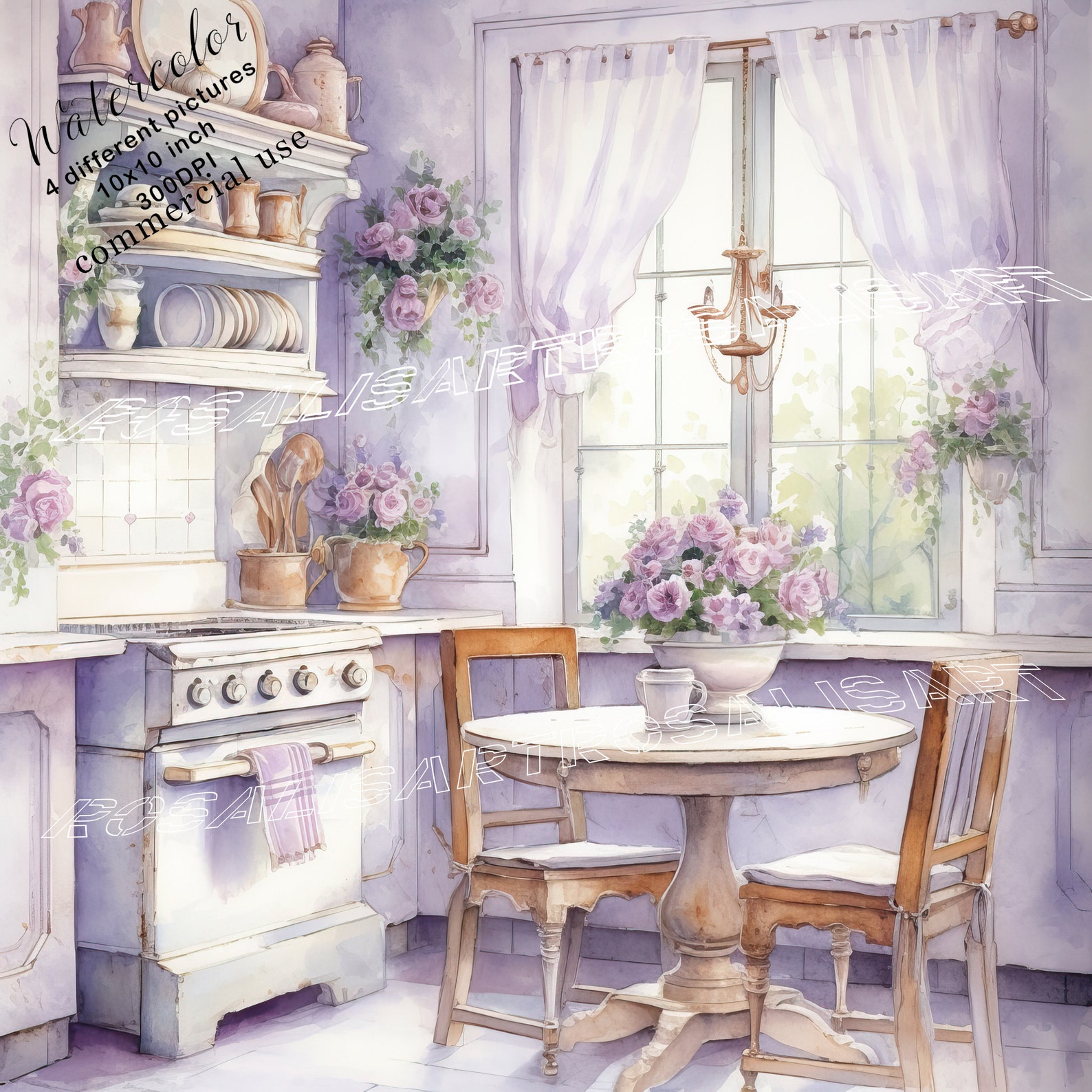 Shabby Chic Retro Kitchen 4 High Quality Watercolor Jpgs Digital ...