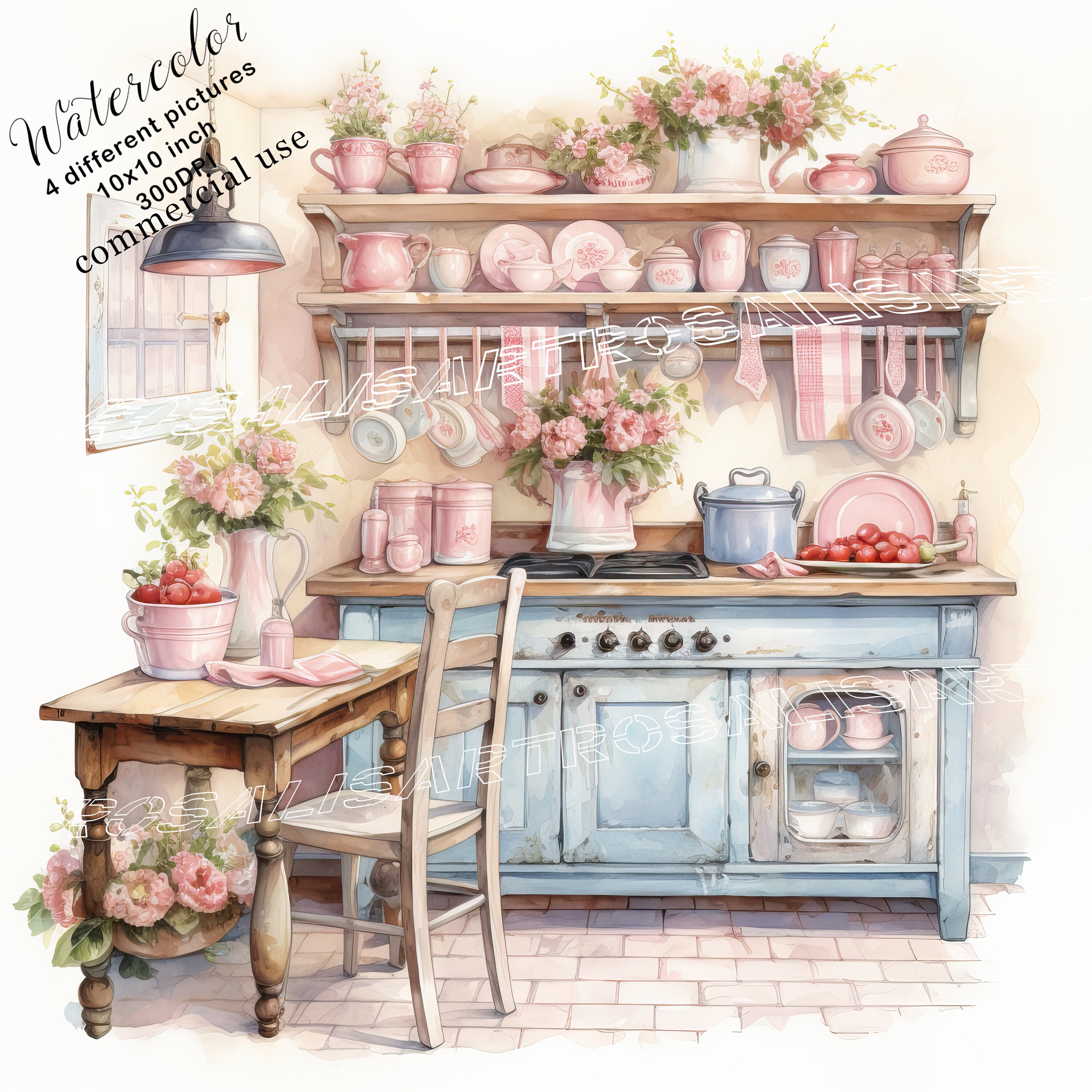 Princess' Kitchen 4 High Quality Watercolor Jpgs Soft Pink Digital ...