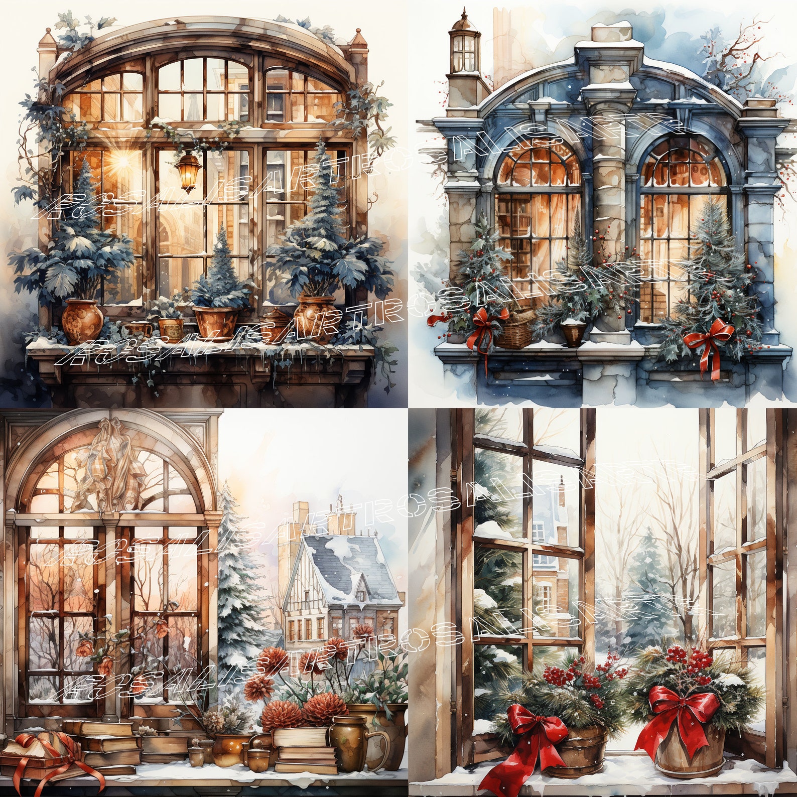 Christmas Window Digital Download 4 High Quality Watercolor Jpgs ...