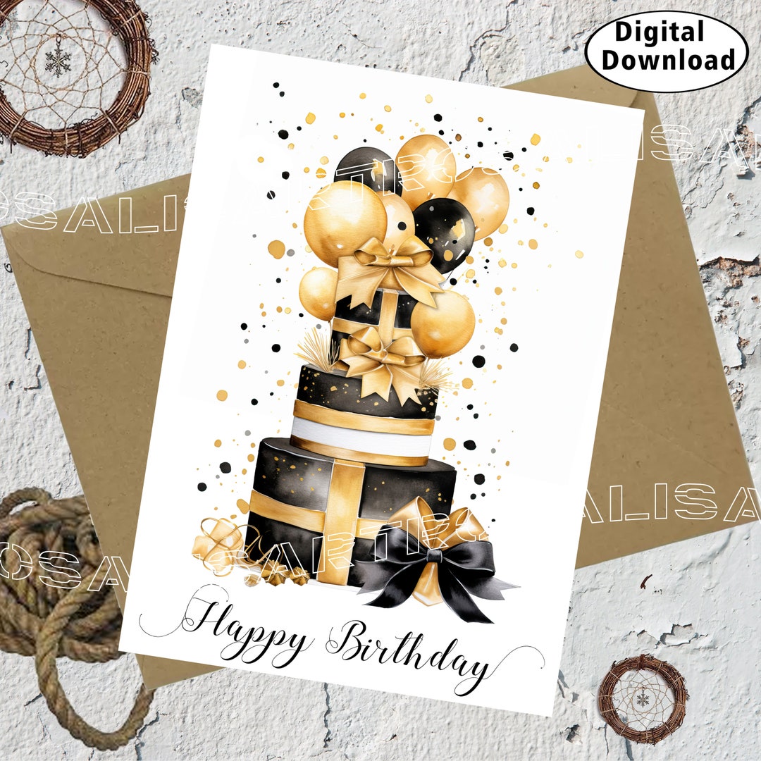 Black and Gold Balloons Birthday Card Digital Download Happy Birthday ...