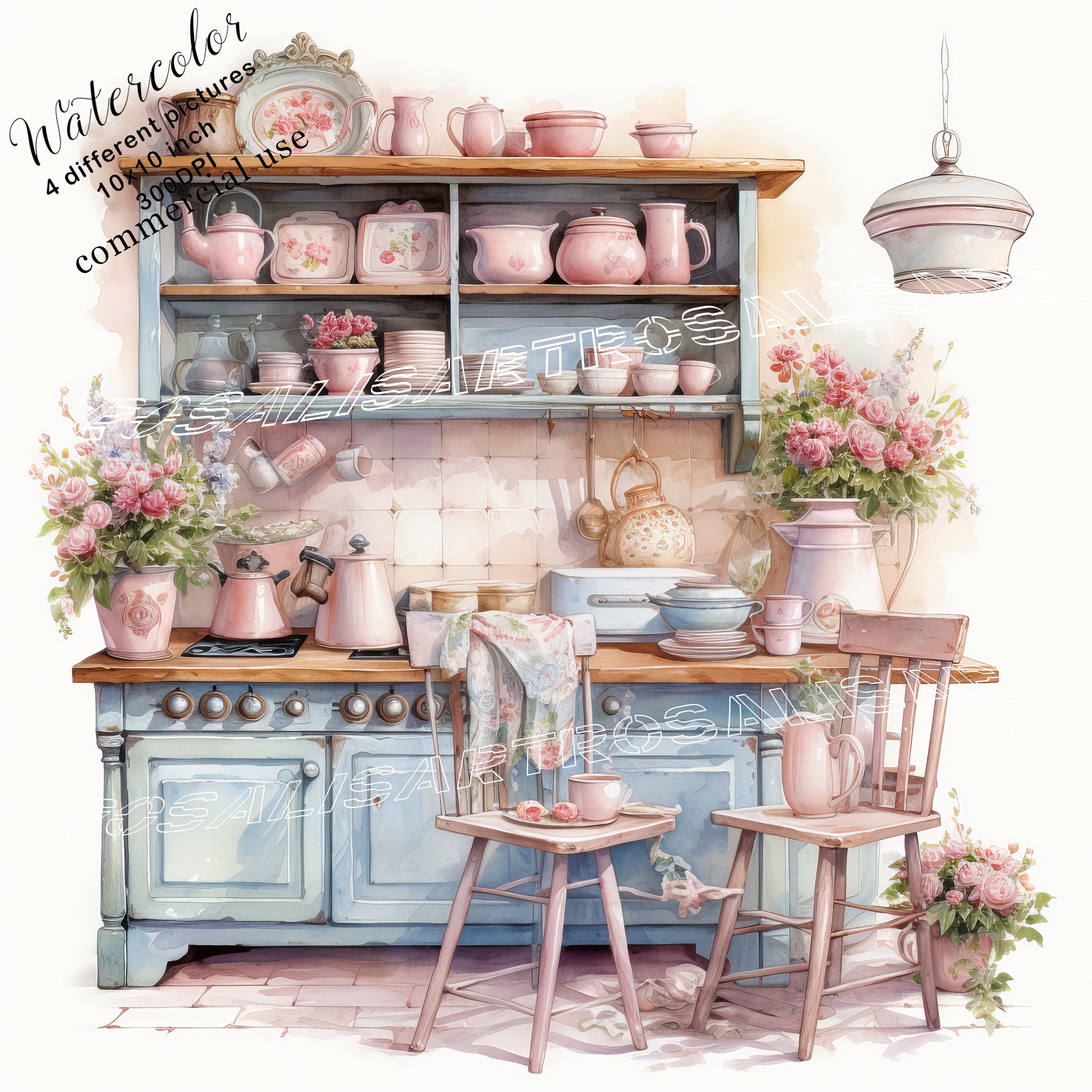 Princess' Kitchen 4 High Quality Watercolor Jpgs Soft Pink Digital ...