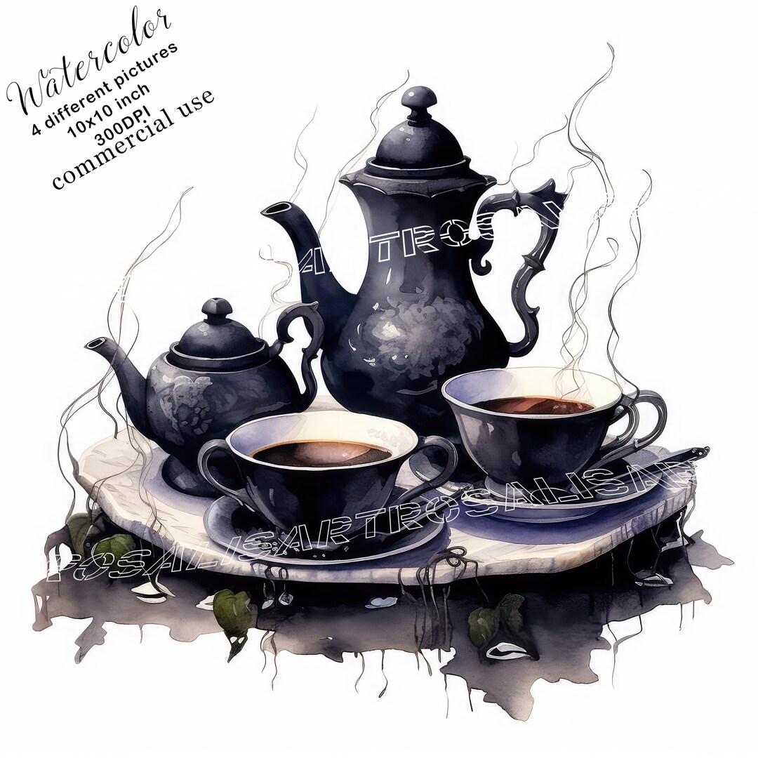 Dark Witch's Magic Tea Set Watercolor Print Digital Download - Etsy