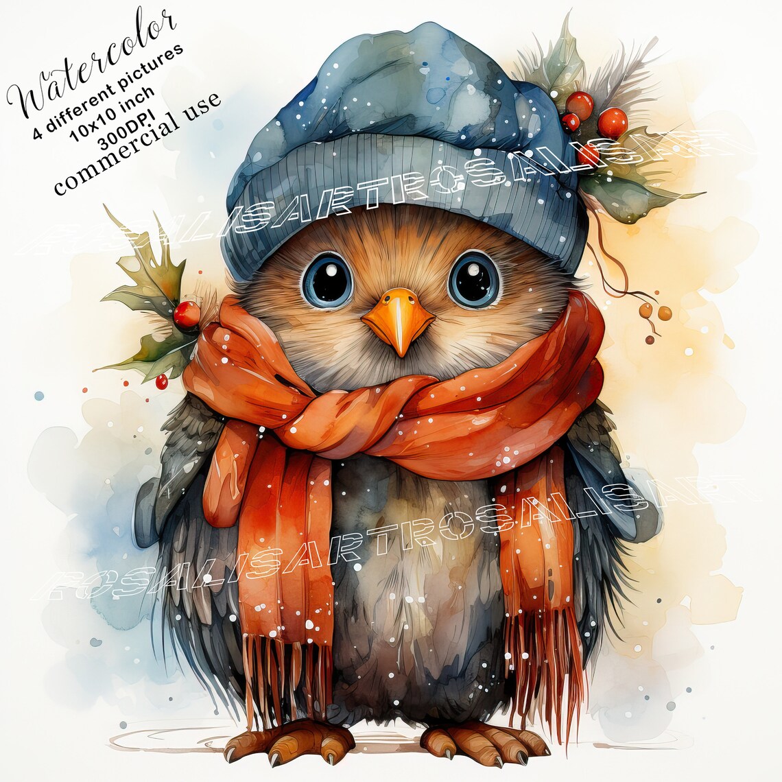 Whimsical Christmas Bird 4 High Quality Watercolor Jpgs Clipart Digital ...