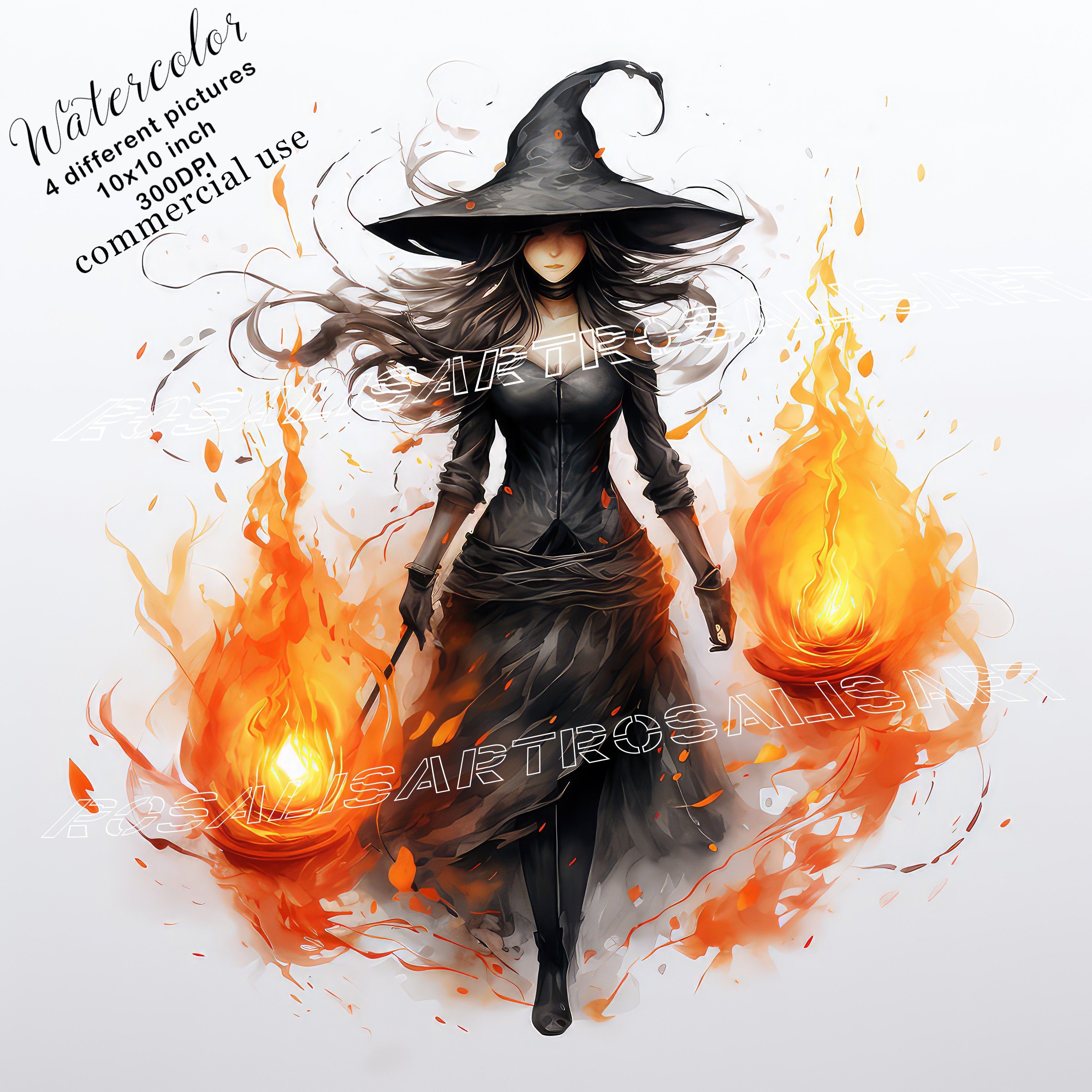 Fire Witch Halloween Watercolor Print Fall Art Digital Download Witchy ...