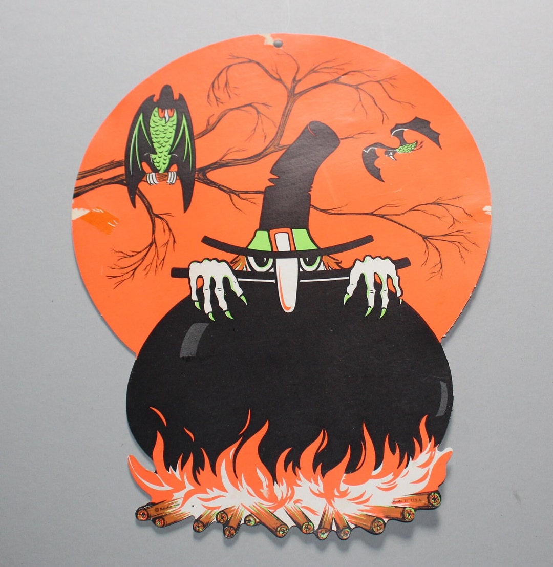 1970s Vintage Halloween Witch Peeking Out of Cauldron With Batty ...