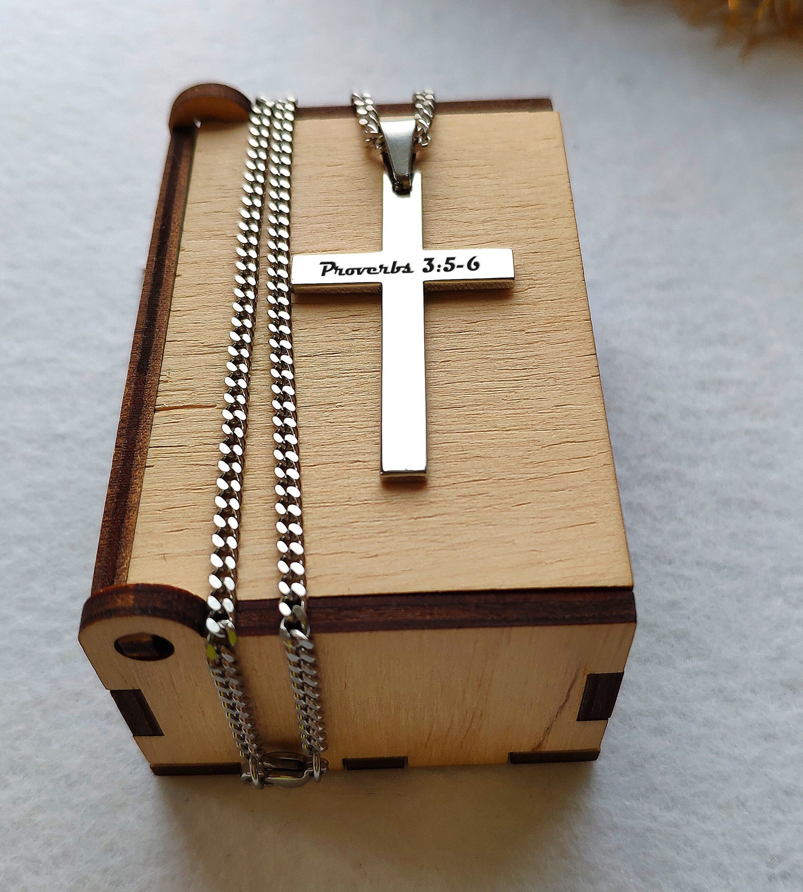 Mens Gift Proverbs 3:5-6 Stainless Steel Silver Cross Necklace Him ...