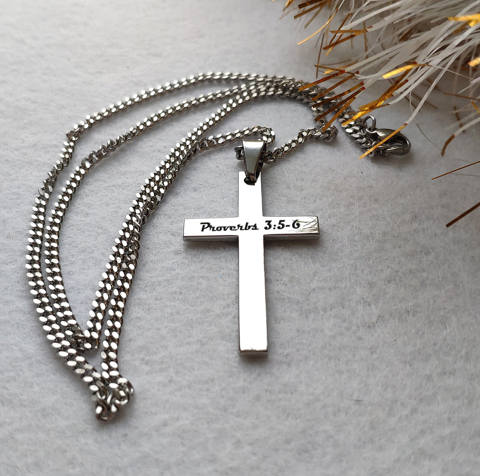 Mens Gift Proverbs 3:5-6 Stainless Steel Silver Cross Necklace Him ...