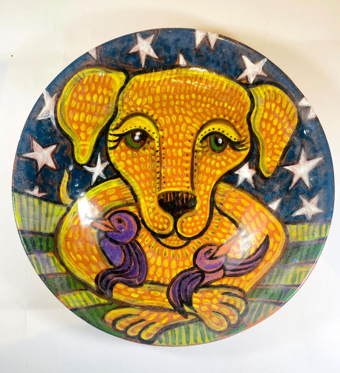 Ceramic Dog Plate, Stars, Yellow Dog & Purple Birds, Stripes ...