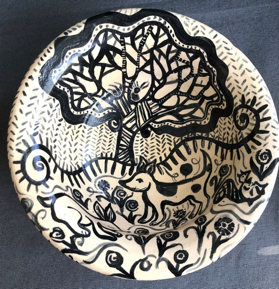 Ceramic Bowl Hand Painted Tree Leaves Illustrated Animals | Etsy