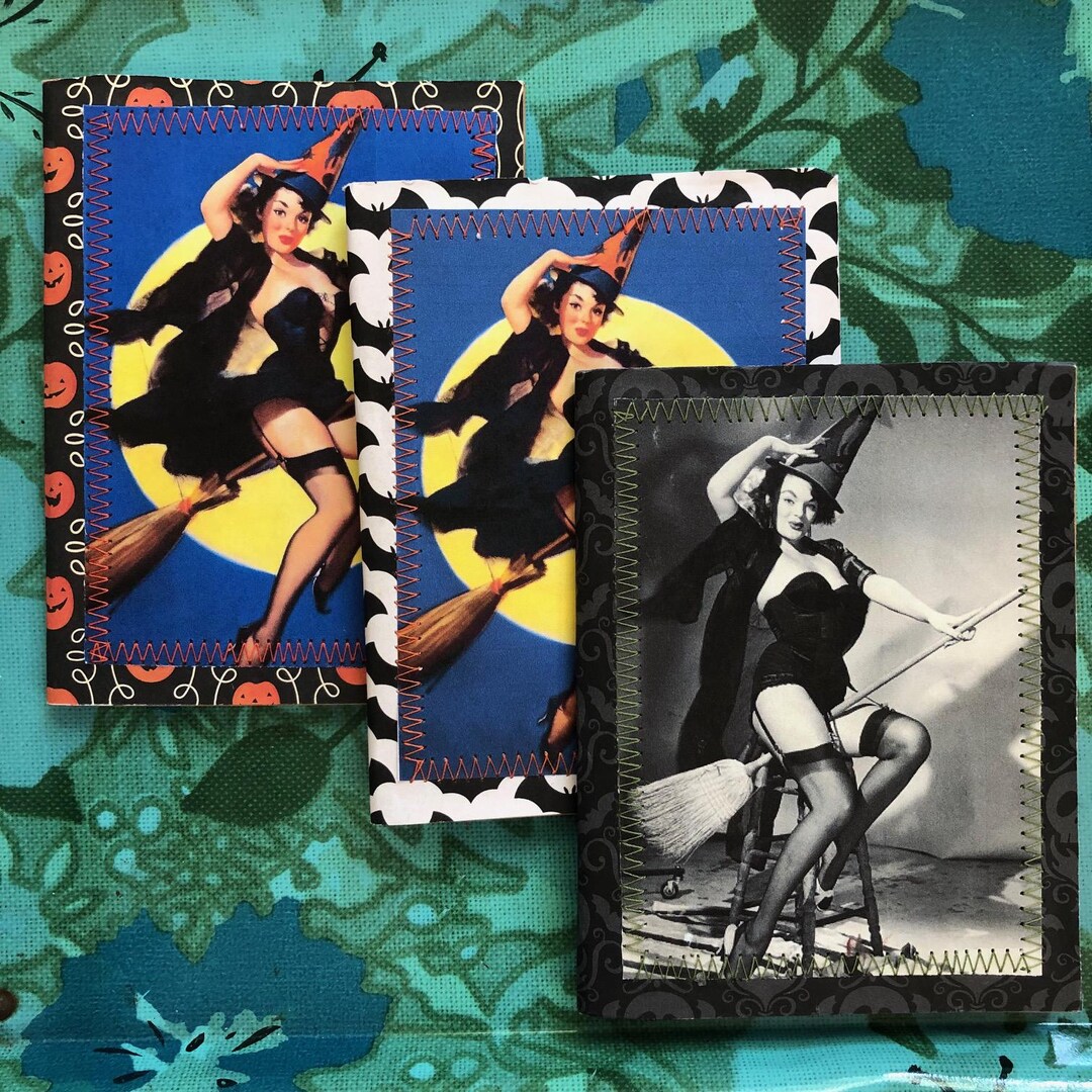 Your Choice! Handmade Gil Elvgren Witch on Broomstick Mini Journal, Halloween Notepad - Etsy