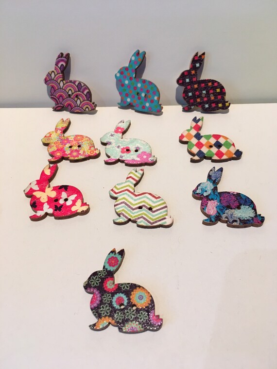 Knitting Materials Wood Buttons 10 Bunny Buttons Assorted Wooden Rabbit ...