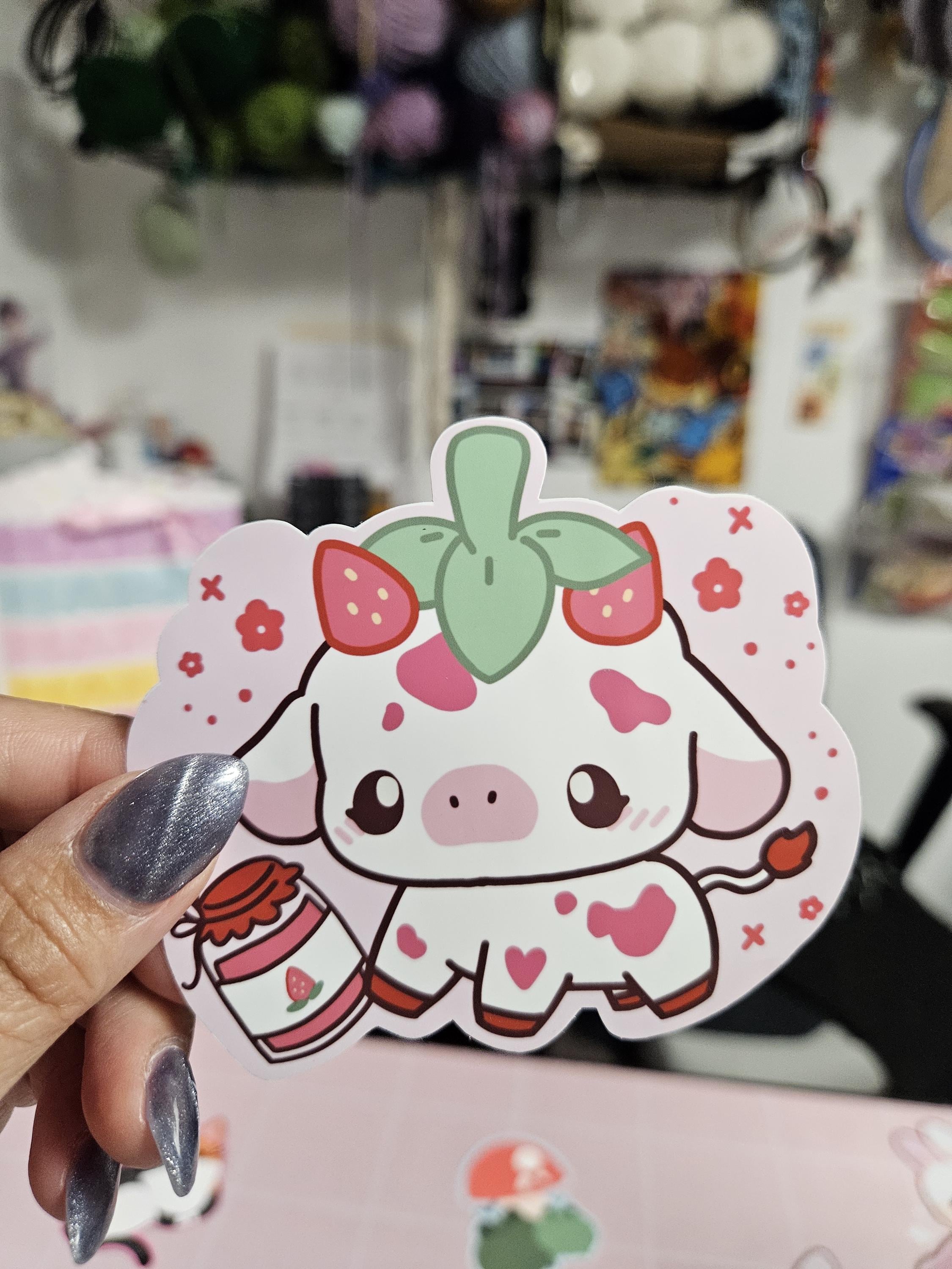 Adorable Strawberry Cow Waterproof Journal Sticker - Cute Kawaii Animal ...
