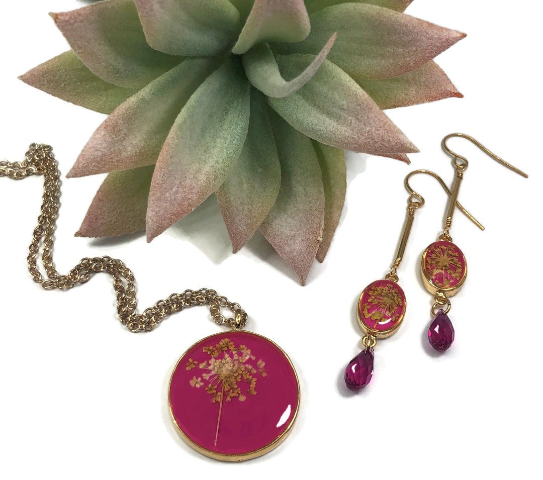 Hot Pink Oval Boho Long Earrings With Fuchsia Crystals Pressed Flowers ...