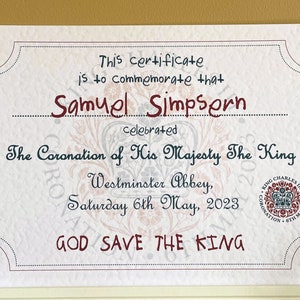 King Charles III CORONATION DAY Certificate personalised - Etsy UK