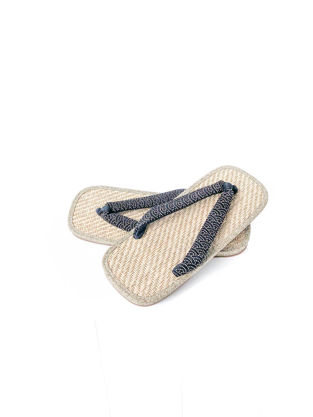Y2K Beige Zori Woven Straw Sandals Dot Pattern Velvet Leather Sole ...
