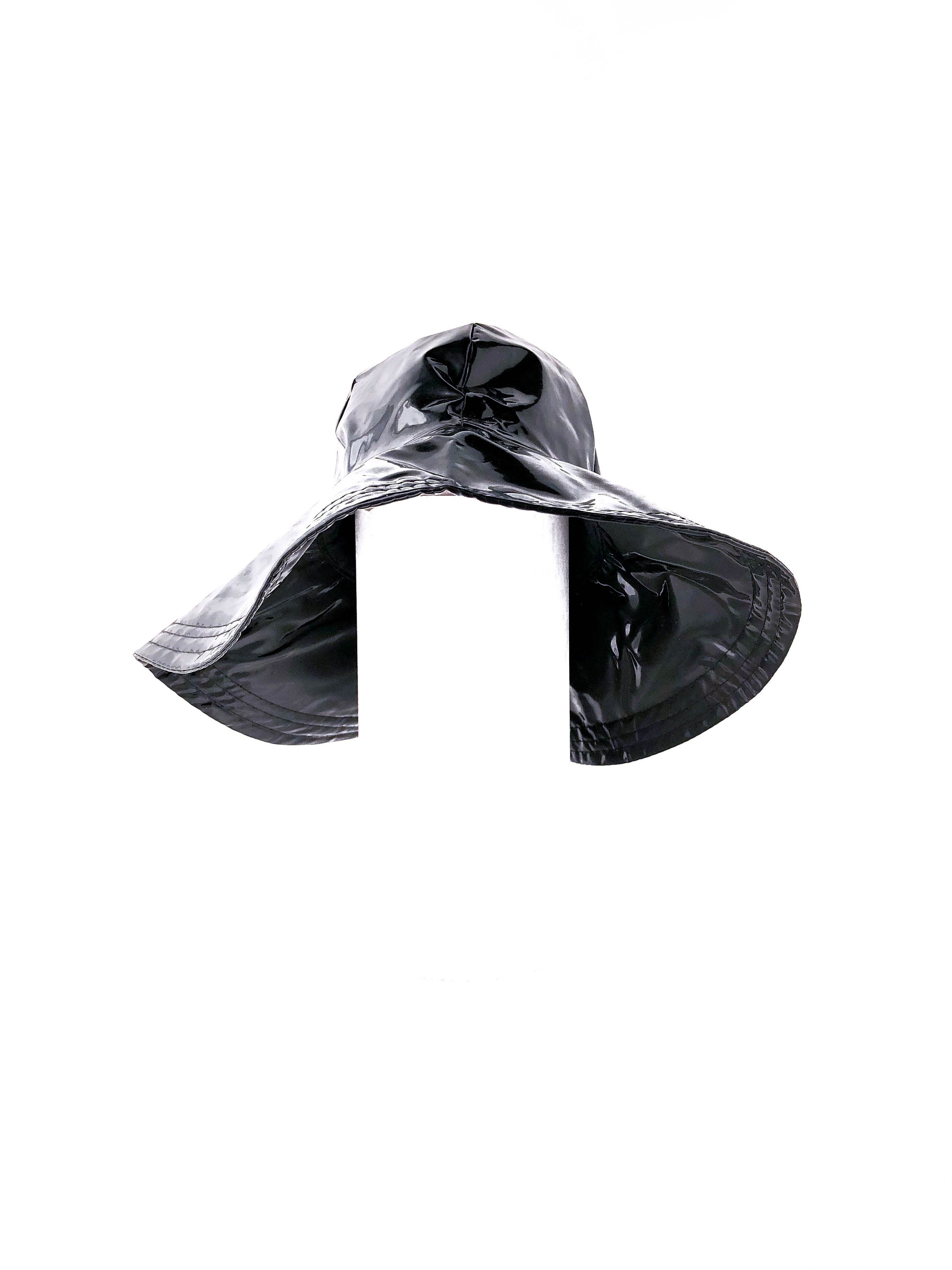 80s Sleek Black Vinyl Rain Hat Shiny Black Fisherman Style Cap - Etsy