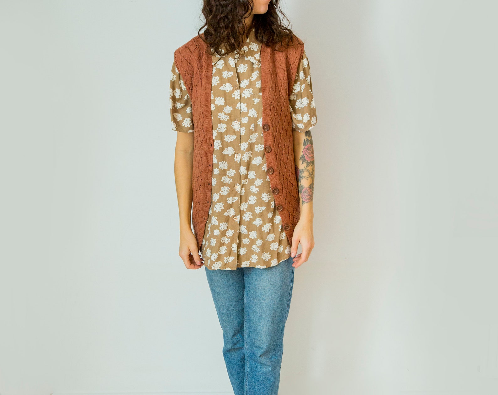 Vintage Knitted Vest Grandma Style Vests Knitted Fashion Beige Brown ...