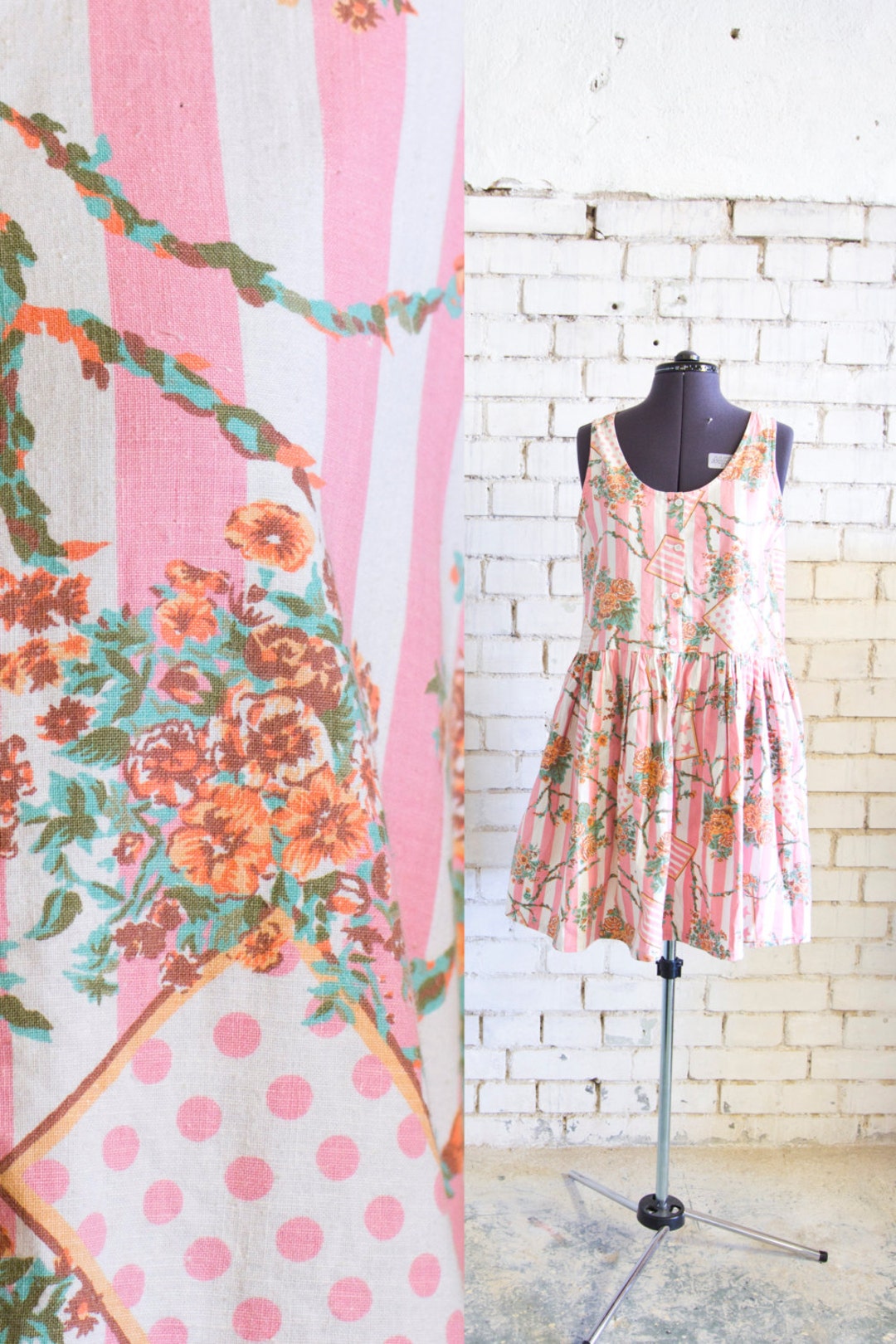 90s Retro Pink Nostalgic Flower Cute Loose Fit Dress With Roses Garden ...