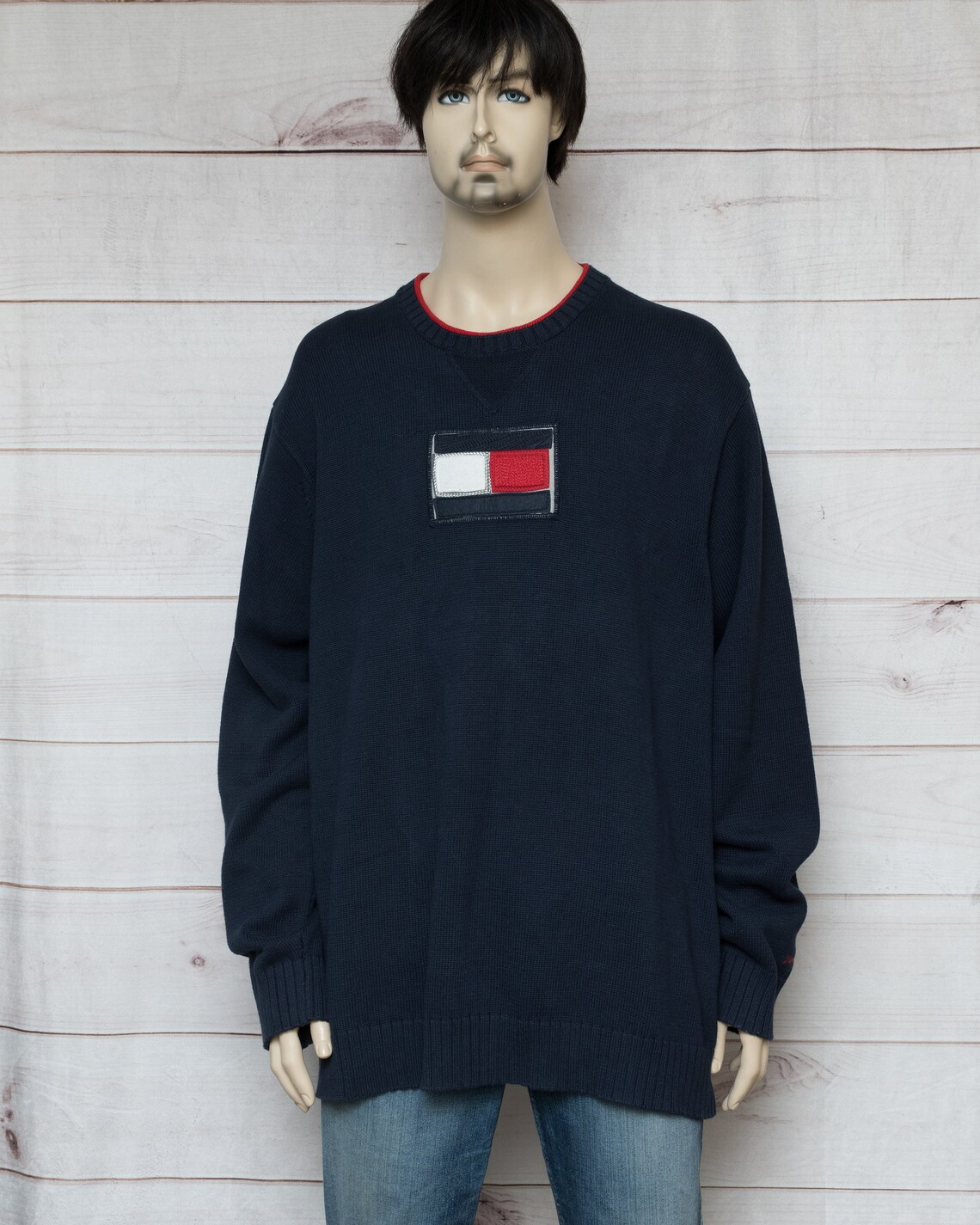 Navy Tommy Hilfiger Vintage Men's Sweater Size 2XL XXL Flag Chest Logo Cotton 1990s Pullover ...