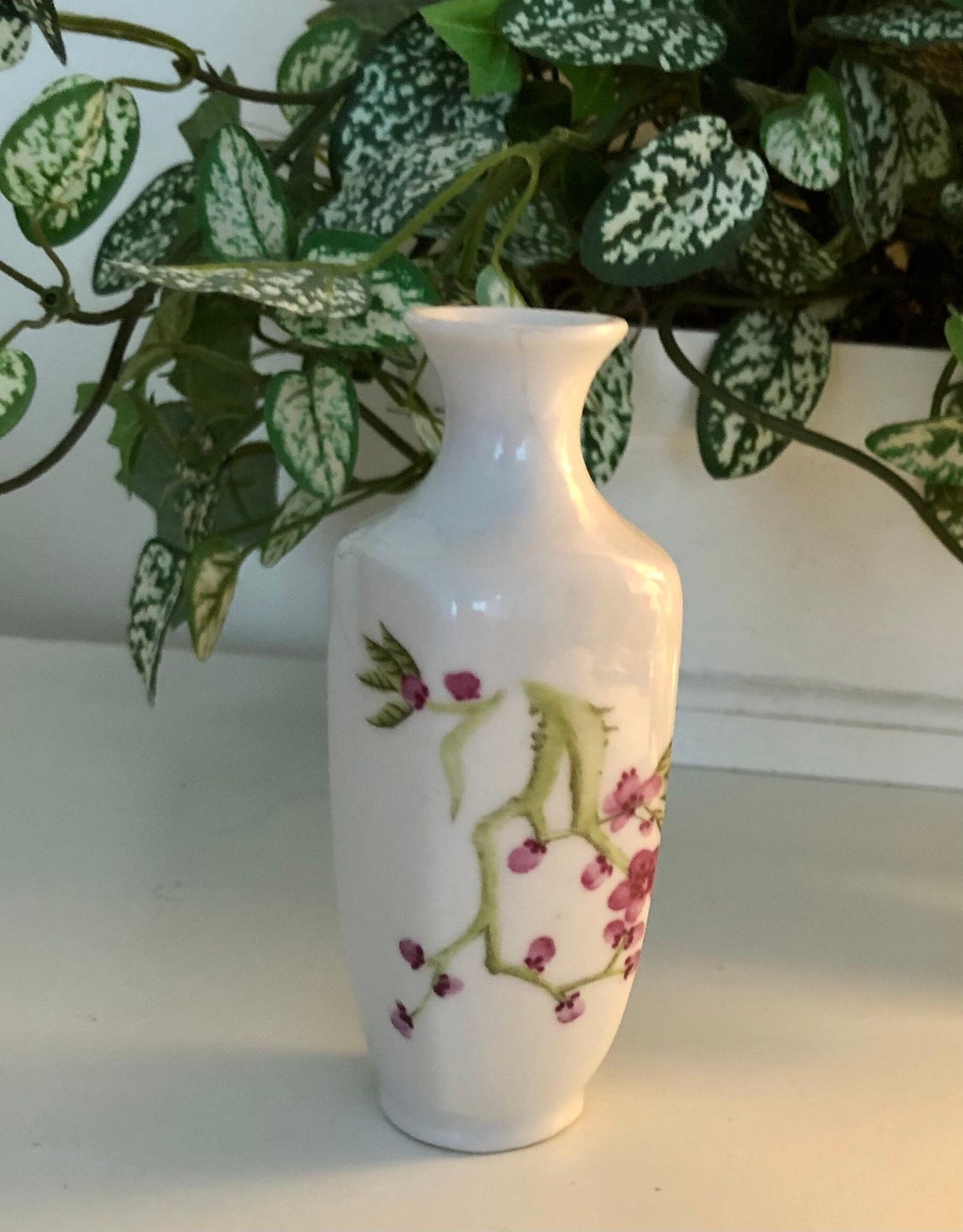 Small 4 Inch Vintage Vase 1950s White With Purple Cherry Blossoms Holds ...